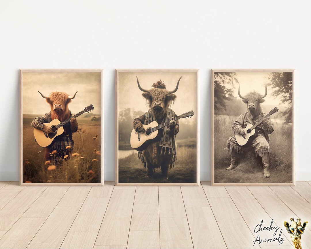 Highland Cow Playing Guitar, Bundle of 3, Funny Vintage Animal Prints ...