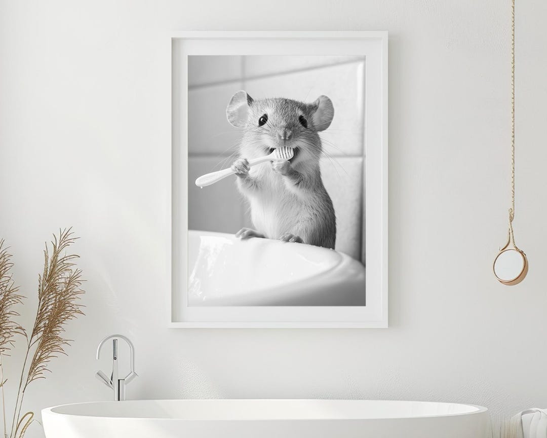 Mouse Brushing Teeth, Funny Bathroom Wall Art, Printable Bathroom Art ...