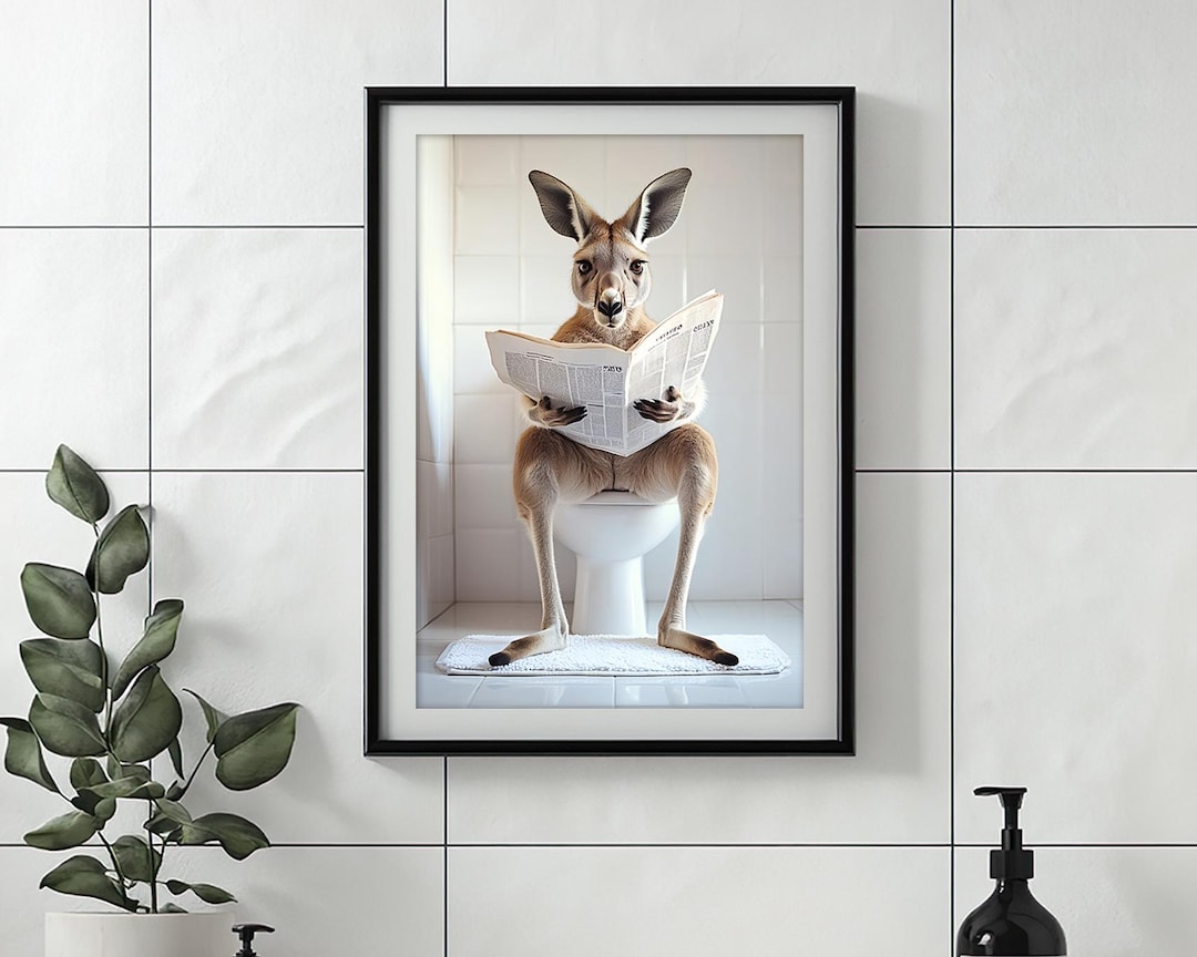 Kangaroo Sitting on Toilet Reading Newspaper, Funny Bathroom Wall Art ...