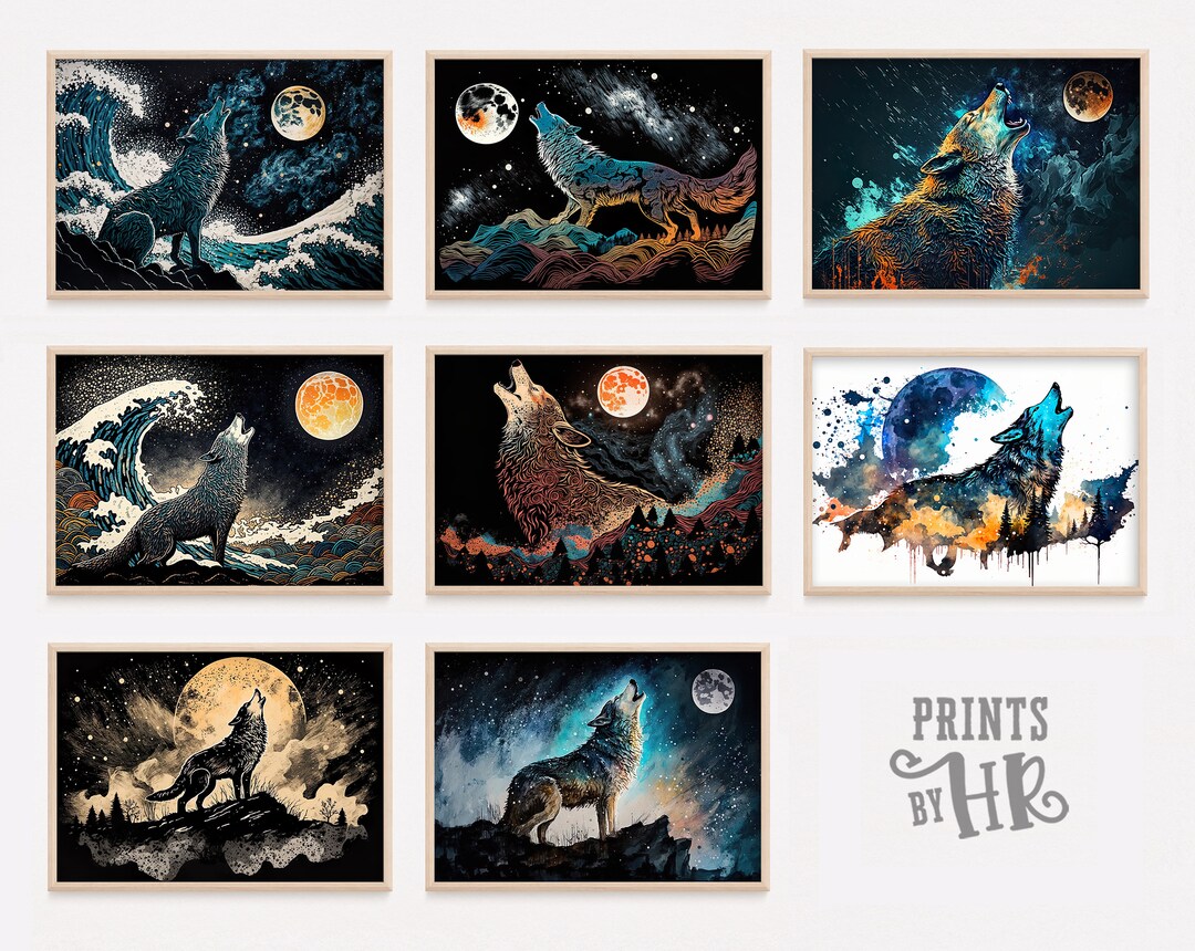 Wolf Howling at the Moon, Bundle of 8, Stylish Animal Art, Animal ...