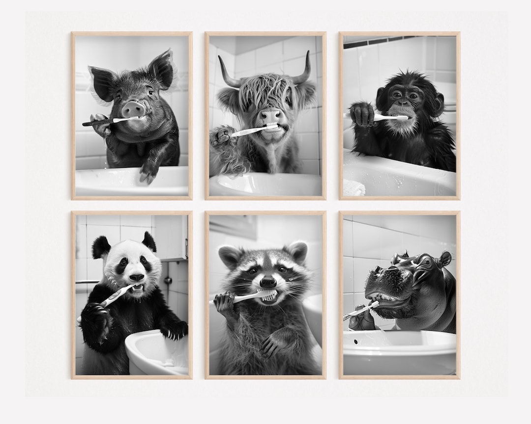 Funny Bathroom Wall Art Bundle of 6, Animals Brushing Teeth, Print ...