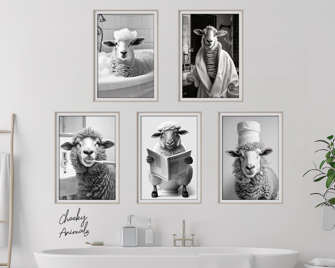 Funny Sheep Wall Art Bundle of 5, Animal Bathroom Photo Print Set, Sheep on Toilet, Bath ...