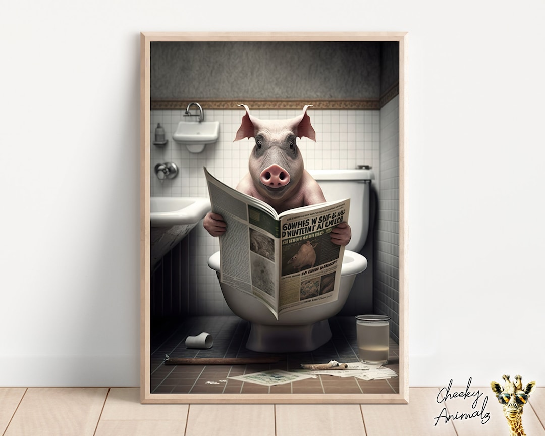 Pig Sitting on the Toilet Reading a Newspaper, Funny Bathroom Humor ...