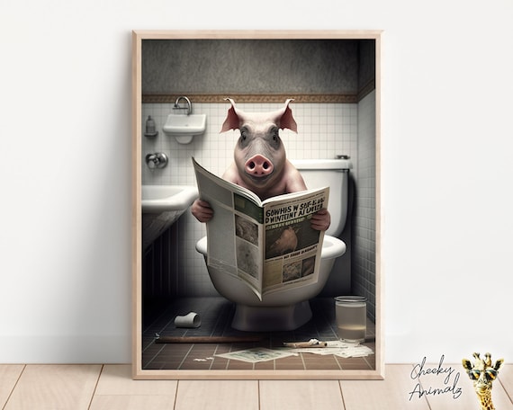Memes Cochon Pig Sitting On The Toilet Reading A Newspaper, Funny