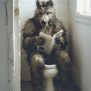 Werewolf Sitting on the Toilet Reading a Newspaper, Funny Bathroom ...