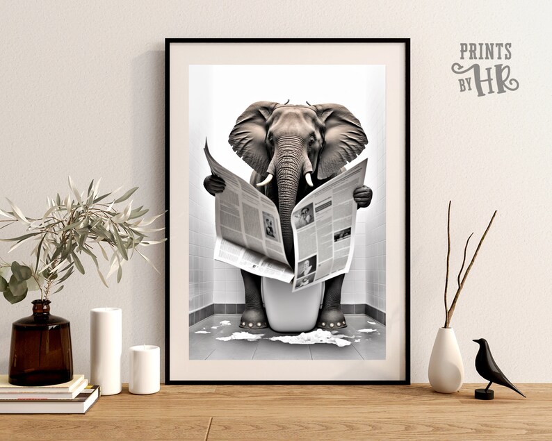 Elephant Sitting on the Toilet Reading a Newspaper Funny - Etsy