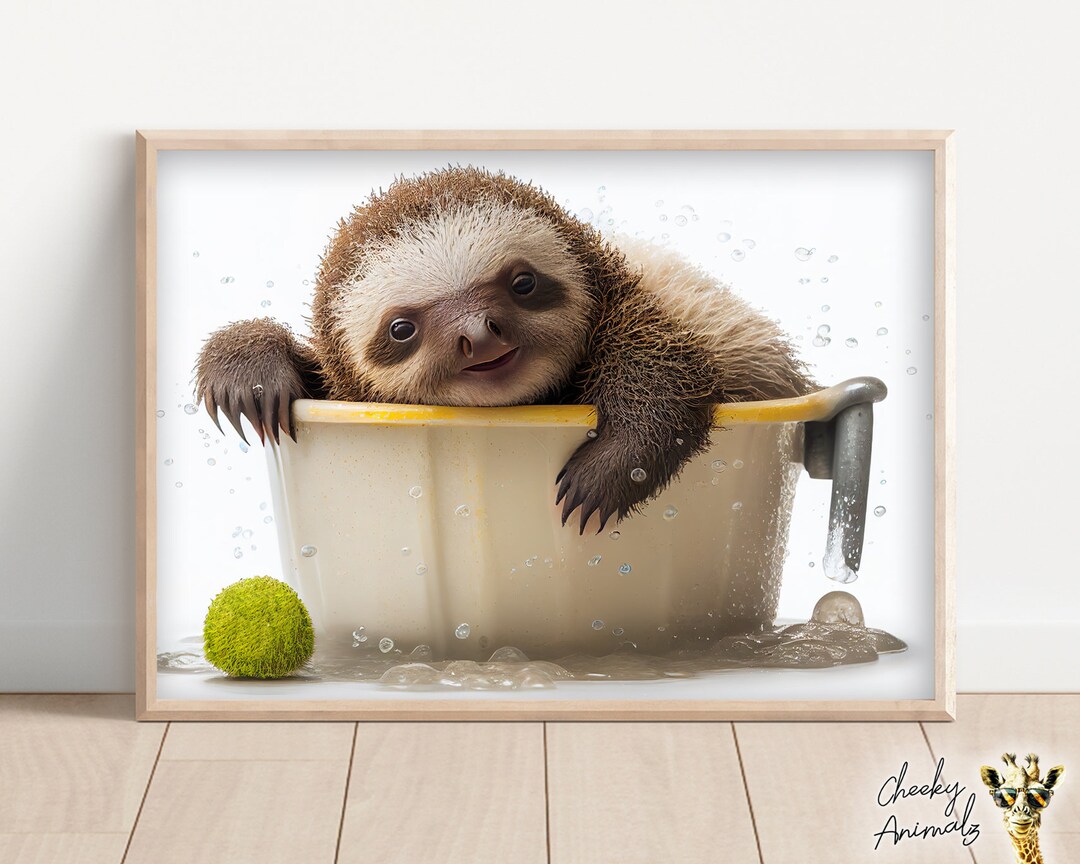 Cute Baby Sloth in the Bathtub, Funny Animal Wall Art, Bathroom Wall ...