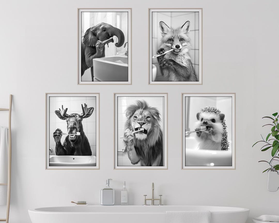 Animals Brushing Teeth, Bundle of 5, Funny Bathroom Wall Art, Animal ...