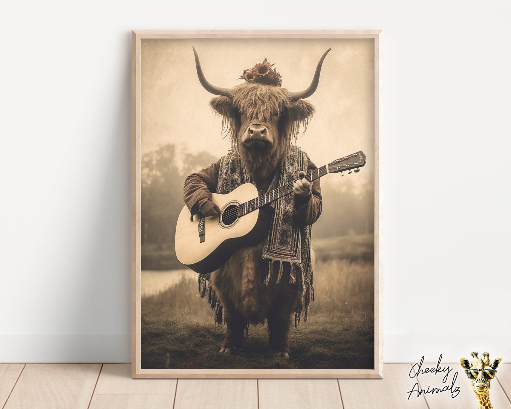 Highland Cow Playing Guitar Funny Vintage Animal Print Cow - Etsy