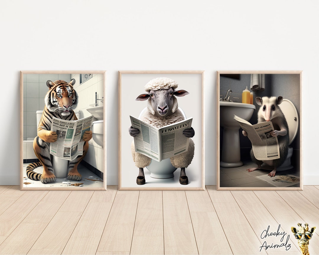 Animals Sitting on the Toilet Reading a Newspaper, Bundle of 3, Funny ...