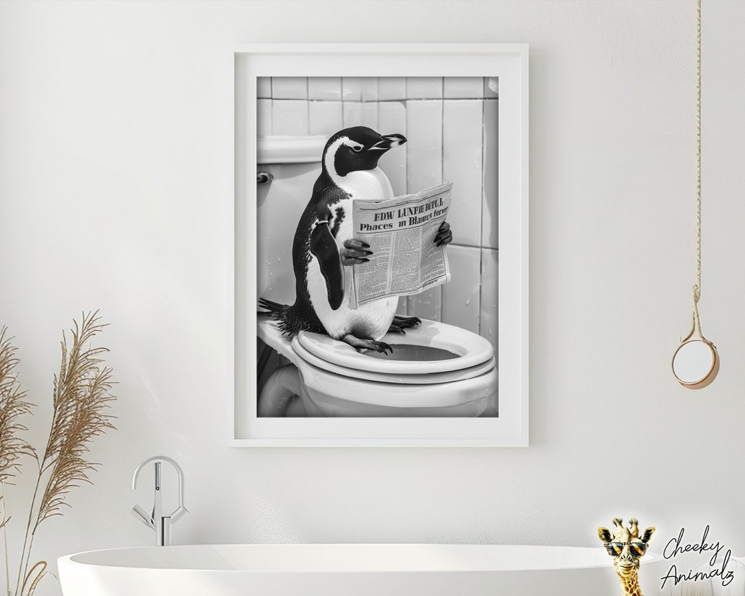 Penguin on Toilet Newspaper Print: Funny Bathroom Wall Art (digital ...