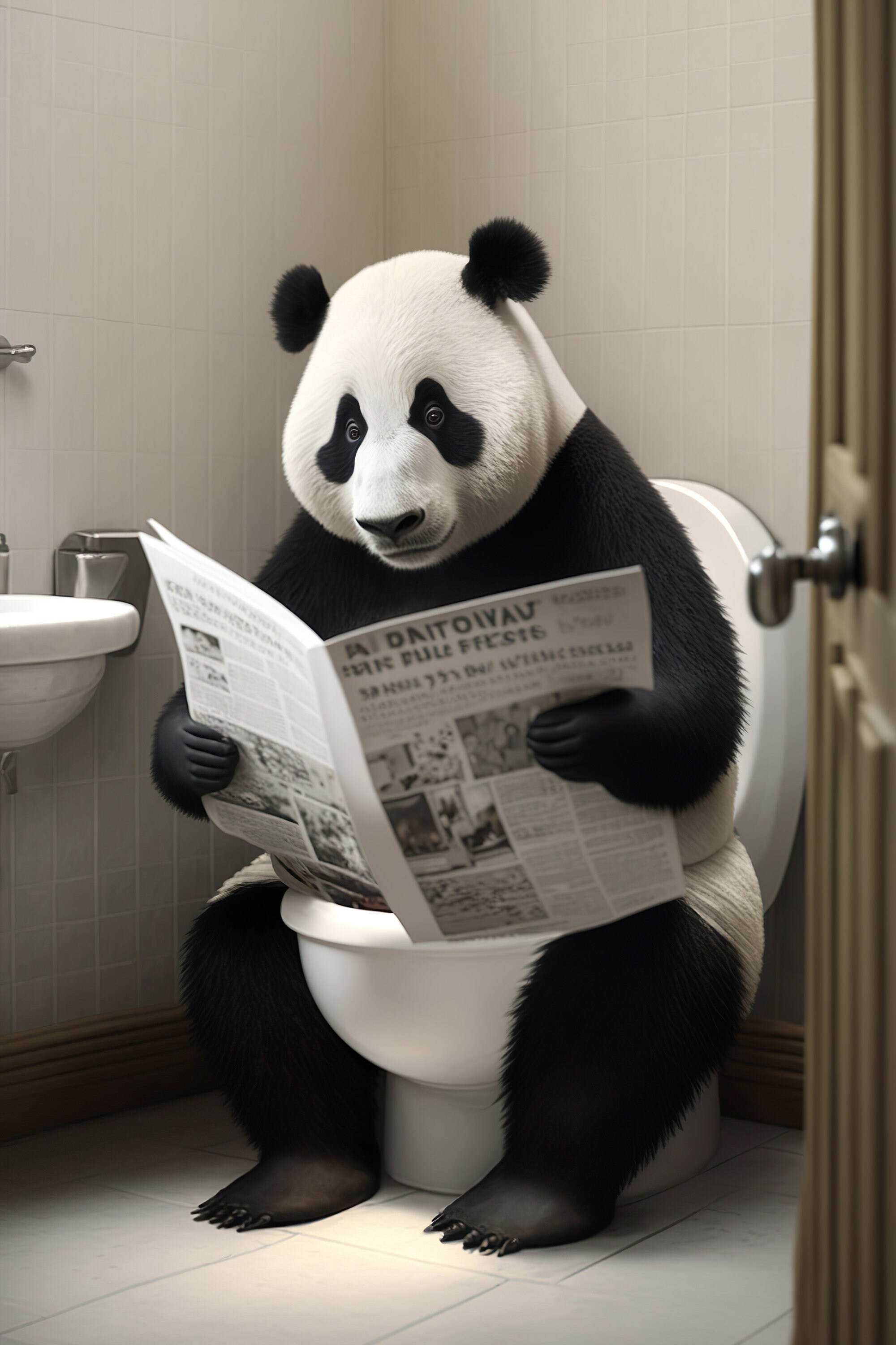 Panda Sitting on the Toilet Reading a Newspaper Funny - Etsy