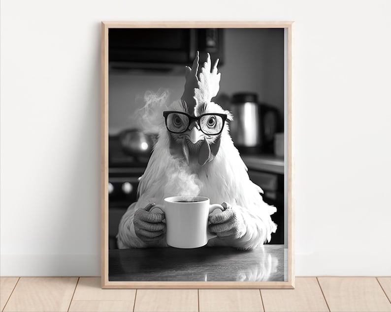 Funny Chicken Drinking Coffee Art Print: Vintage Kitchen Decor (digital ...