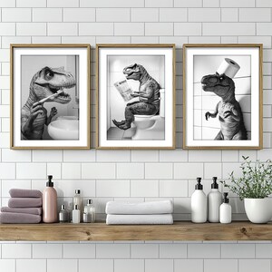 Funny T-rex Bathroom Art Prints: Dinosaur on Toilet Bundle (digital ...