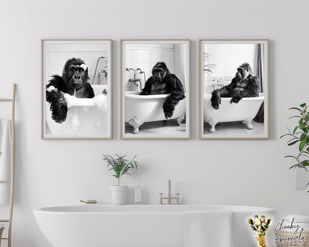 Gorillas in a Bubble Bath, Bundle of 3, Funny Bathroom Wall Art, Quirky ...