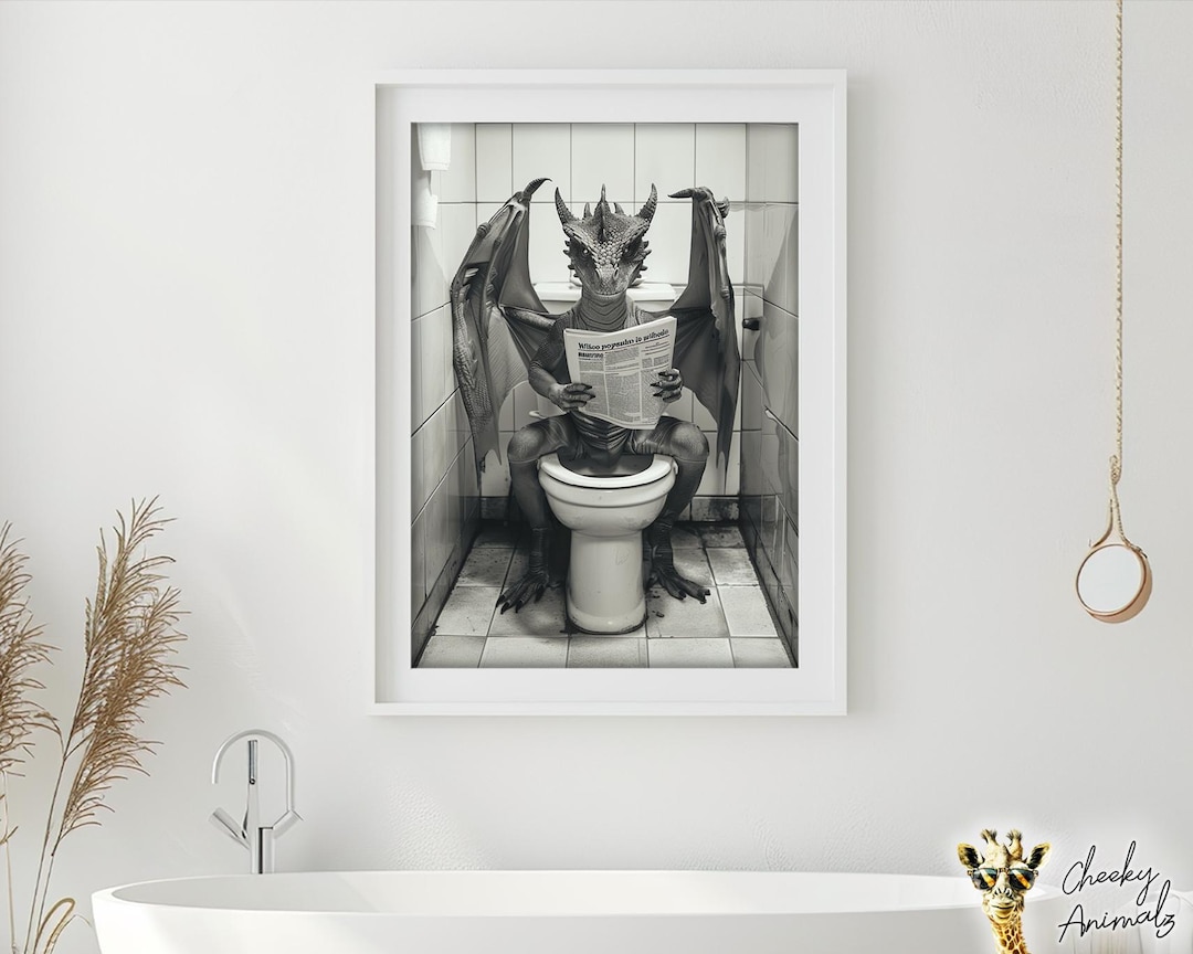 Dragon Sitting on the Toilet Reading a Newspaper, Funny Bathroom Wall ...