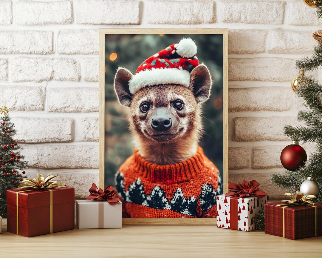 Cute Christmas Hyena, Funny Christmas Wall Art, Retro Winter Animals ...