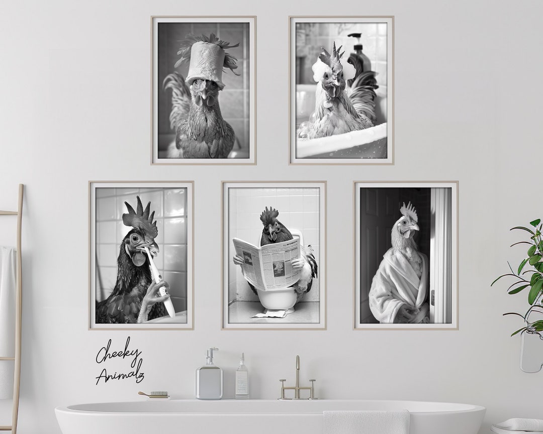 Funny Chicken Wall Art Bundle of 5, Animal Bathroom Photo Print Set ...