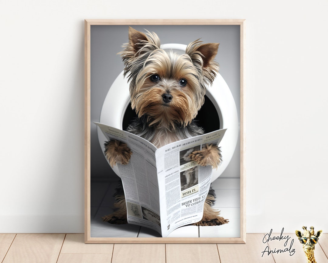 Funny Yorkshire Terrier Bathroom Print: Dog on Toilet Reading Newspaper ...