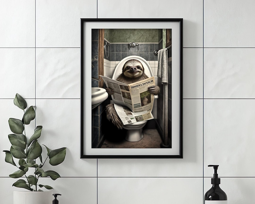 Sloth Sitting on the Toilet Reading a Newspaper, Funny Bathroom Humor ...