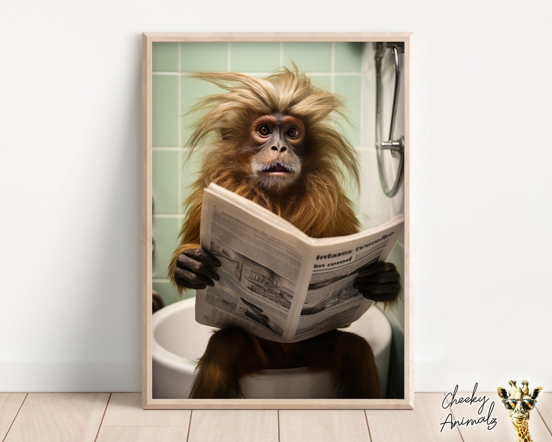 Tamarin Monkey Sitting on the Toilet Reading a Newspaper, Funny Bathroom Wall Art, Funny Monkey ...