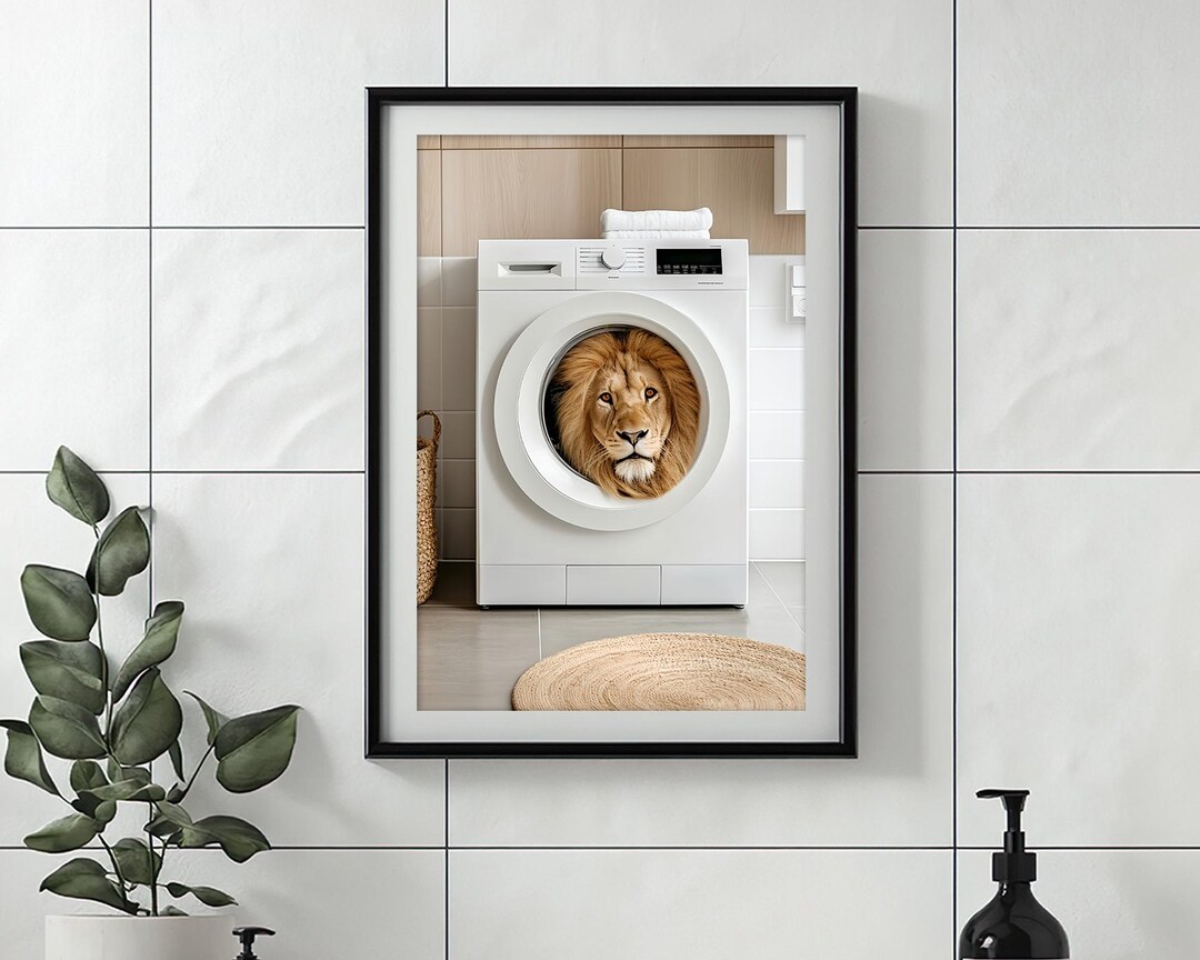 Lion in a Washing Machine, Funny Bathroom Wall Art, Cute Laundry Room ...