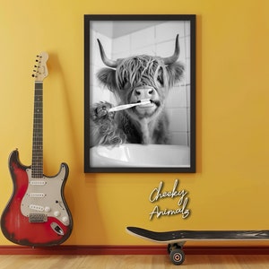 Funny Bathroom Wall Art, Highland Cow Brushing Teeth, Printable ...