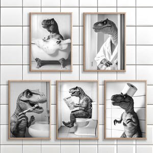 Funny T-rex Bathroom Art Prints: Dinosaur on Toilet Bundle (digital ...