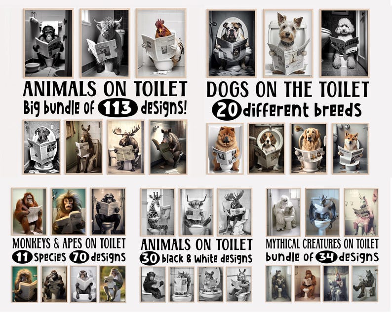 Funny Animal Bathroom Prints: Animals on Toilet Wall Art, 260+ Designs ...