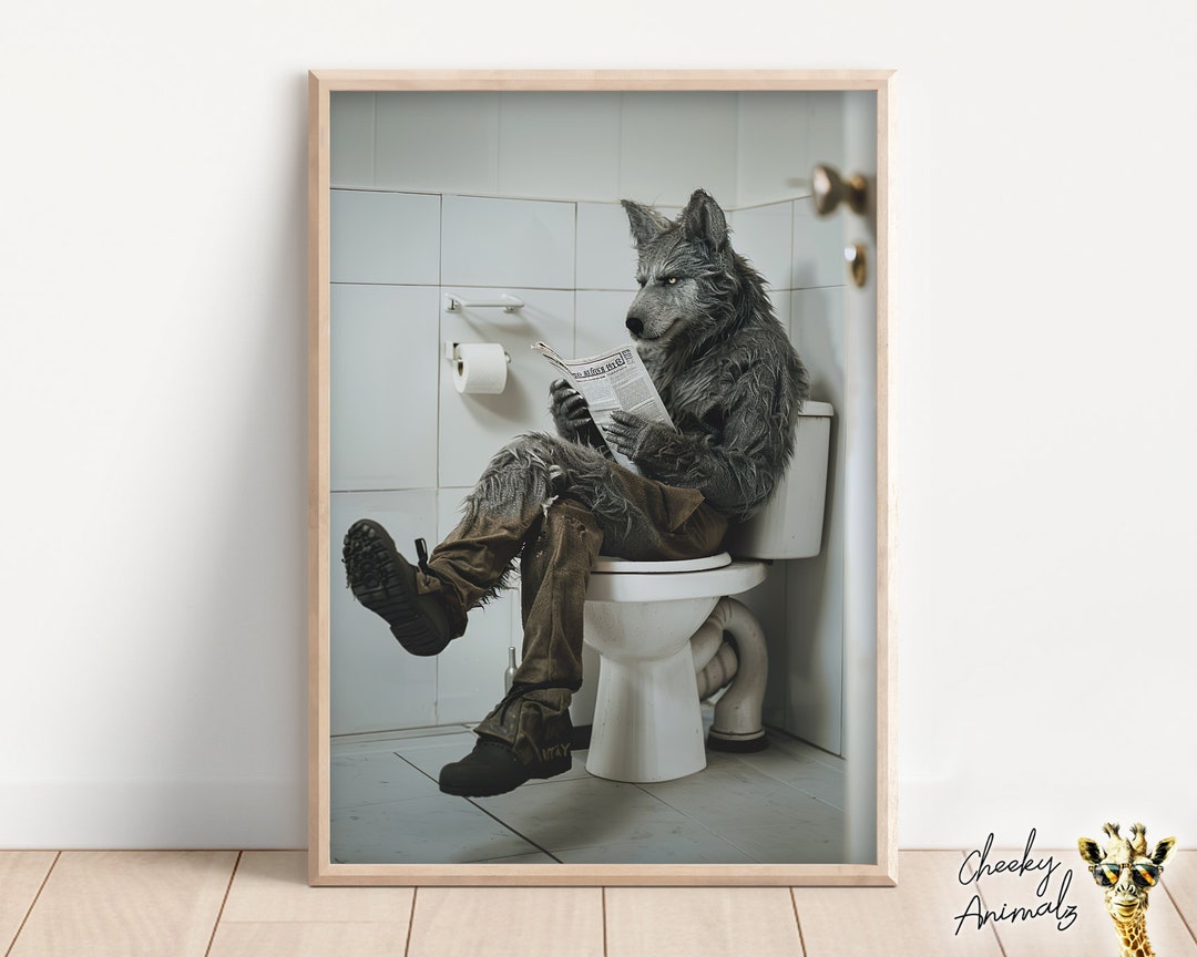 Werewolf Sitting on the Toilet Reading a Newspaper, Funny Bathroom ...