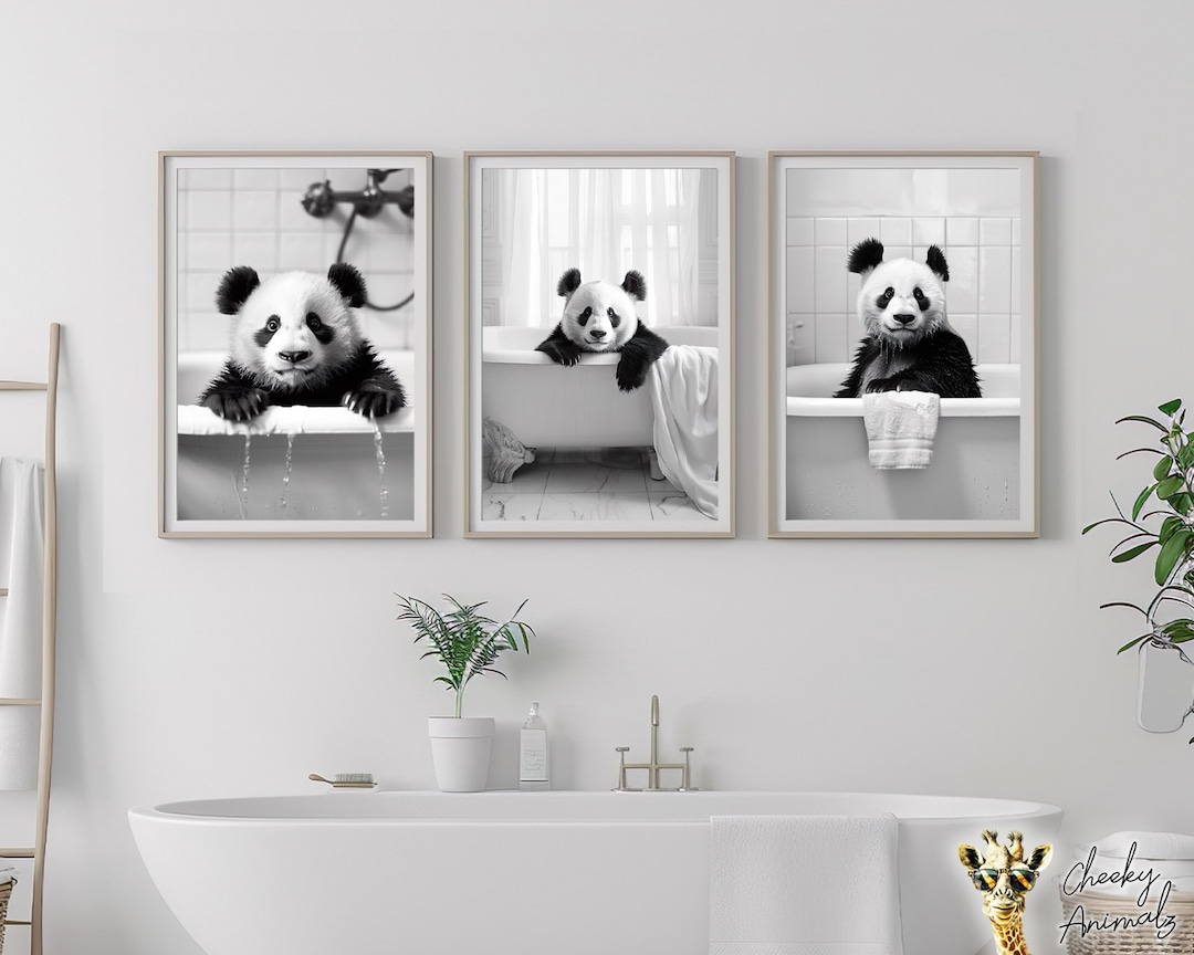 Pandas in a Bubble Bath, Bundle of 4, Funny Bathroom Wall Art, Quirky ...