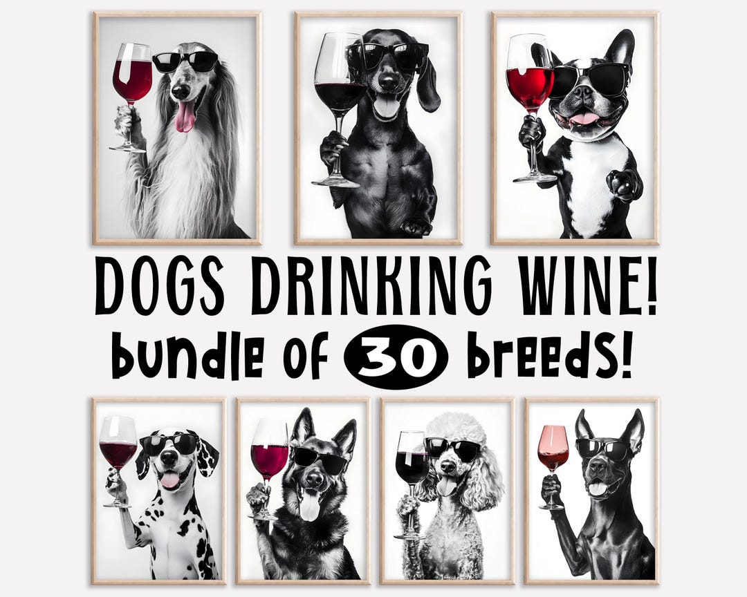 Dogs Drinking Wine Print: Funny Kitchen Wall Art (bundle of 30 ...