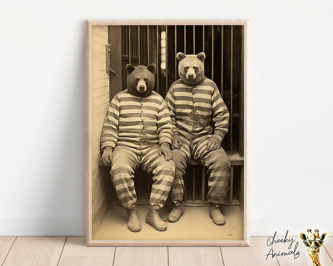 Bears in Prison Wearing a Striped Suit, Funny Vintage Animal Print ...