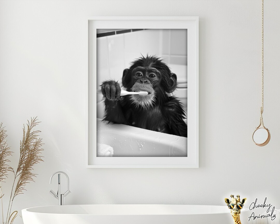 Funny Bathroom Wall Art, Monkey Brushing Teeth, Printable Bathroom Art ...