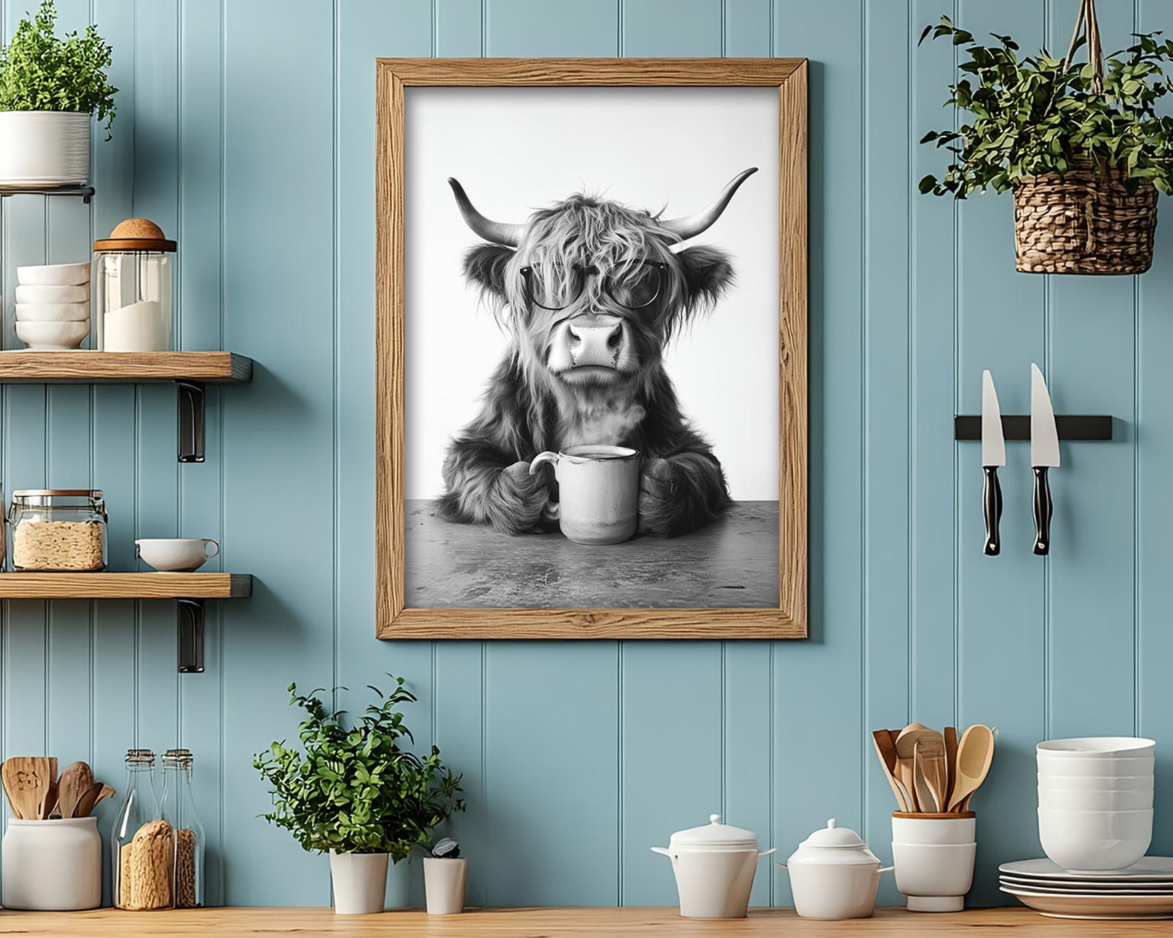 Funny Highland Cow Kitchen Art Prints: Beer, Wine, Coffee (digital ...