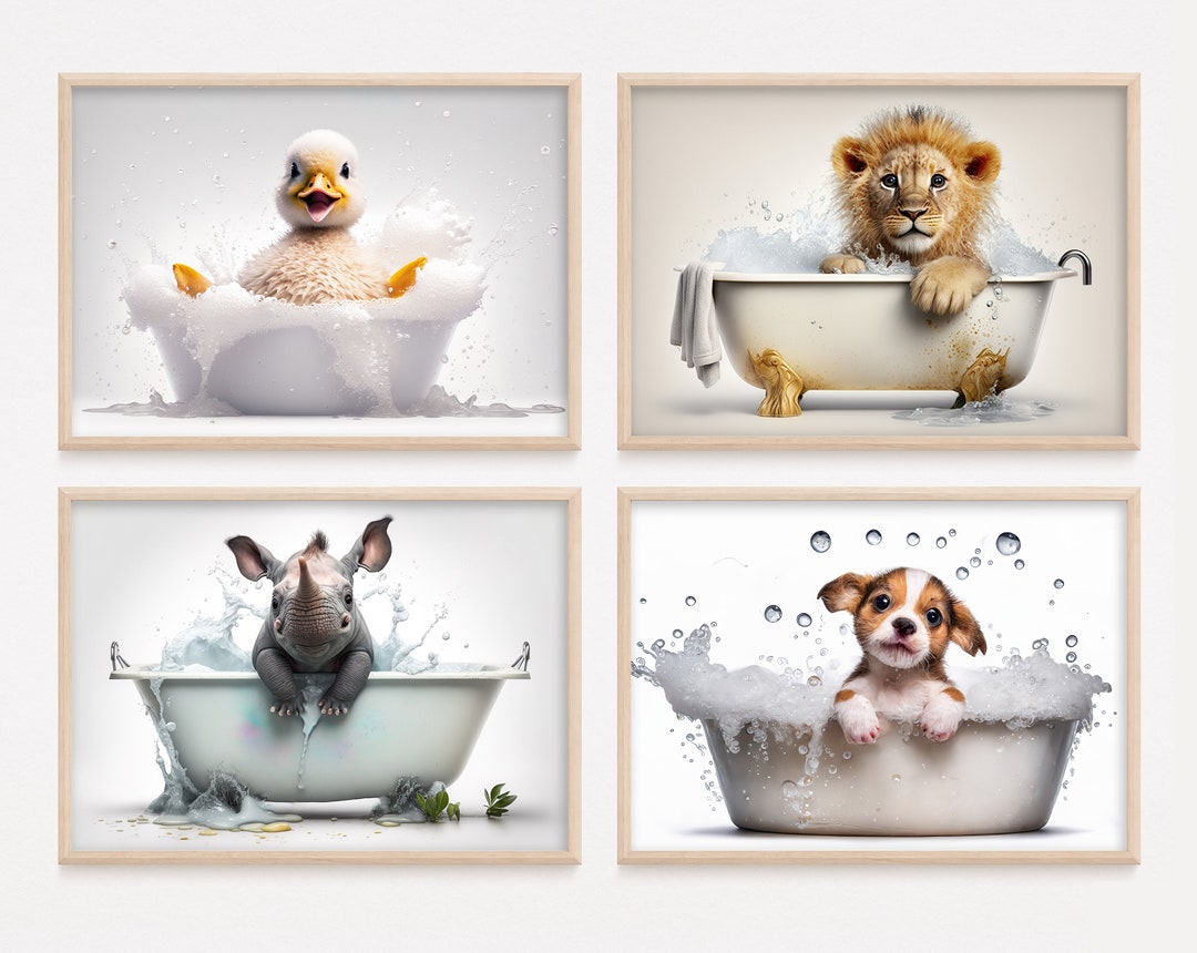 Cute Baby Animals in Bathtub, Bundle of 4, Funny Animal Art, Bathroom ...