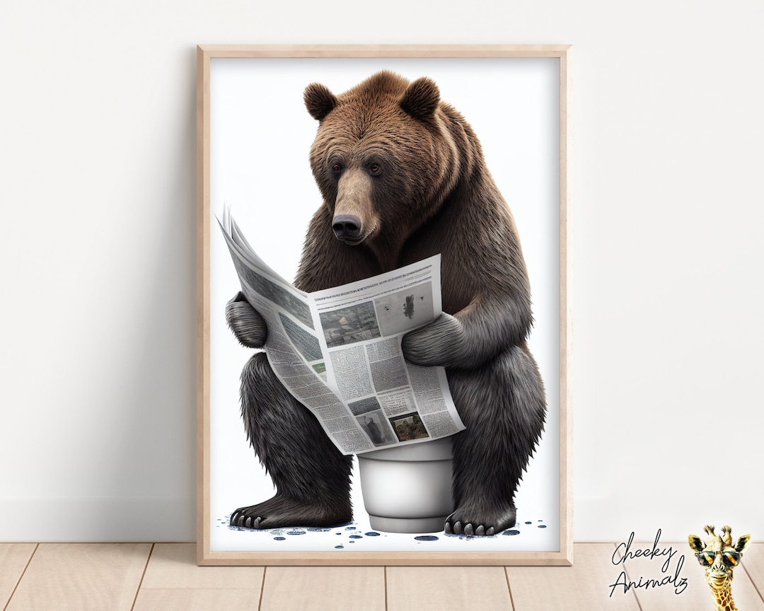 Bear Sitting on the Toilet Reading a Newspaper, Funny Bathroom Humor ...