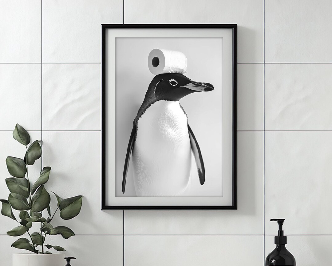Funny Penguin Bathroom Print: Toilet Paper Hat, Animal Humor (digital ...