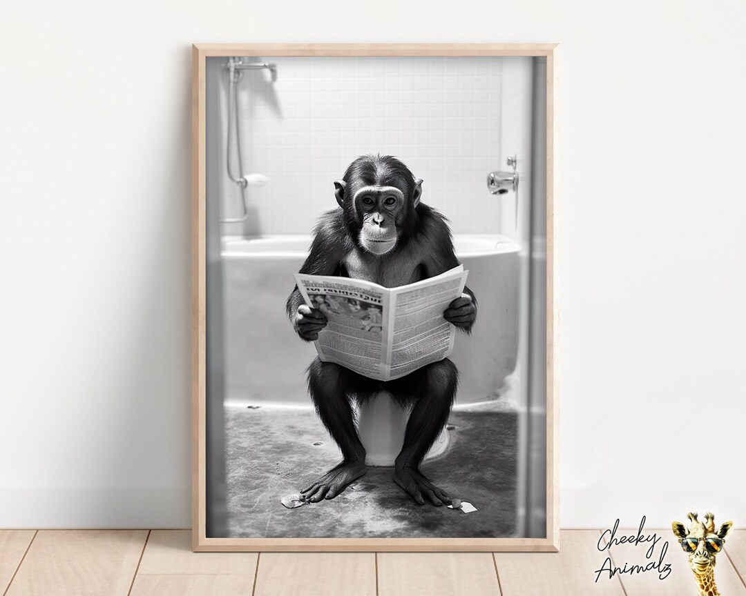 Monkey Sitting on the Toilet Reading a Newspaper, Funny Bathroom Wall ...