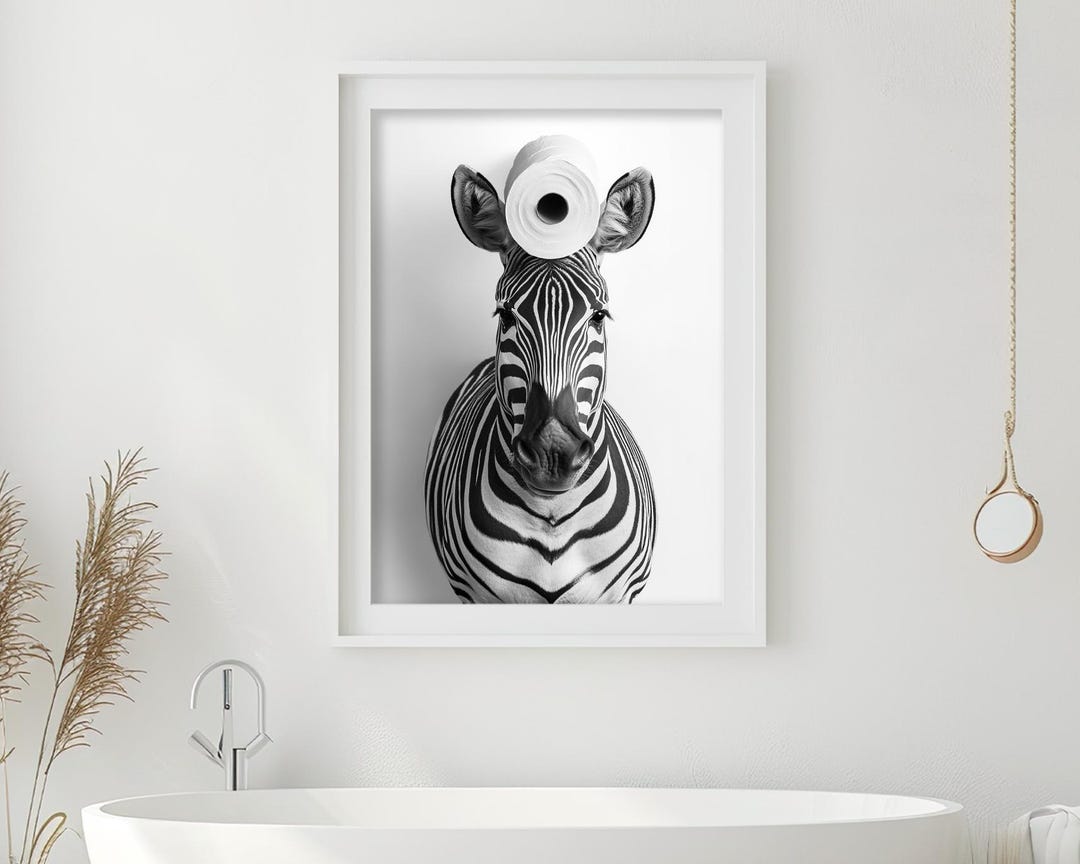 Zebra With a Toilet Paper Roll on Head, Funny Bathroom Wall Art Print ...