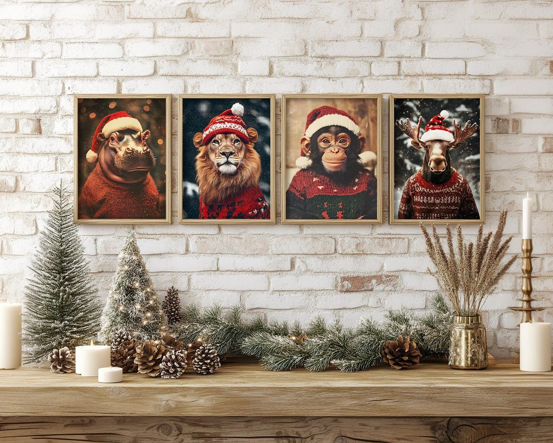 Retro Christmas Animal Prints: Funny Winter Wall Art (digital Download ...