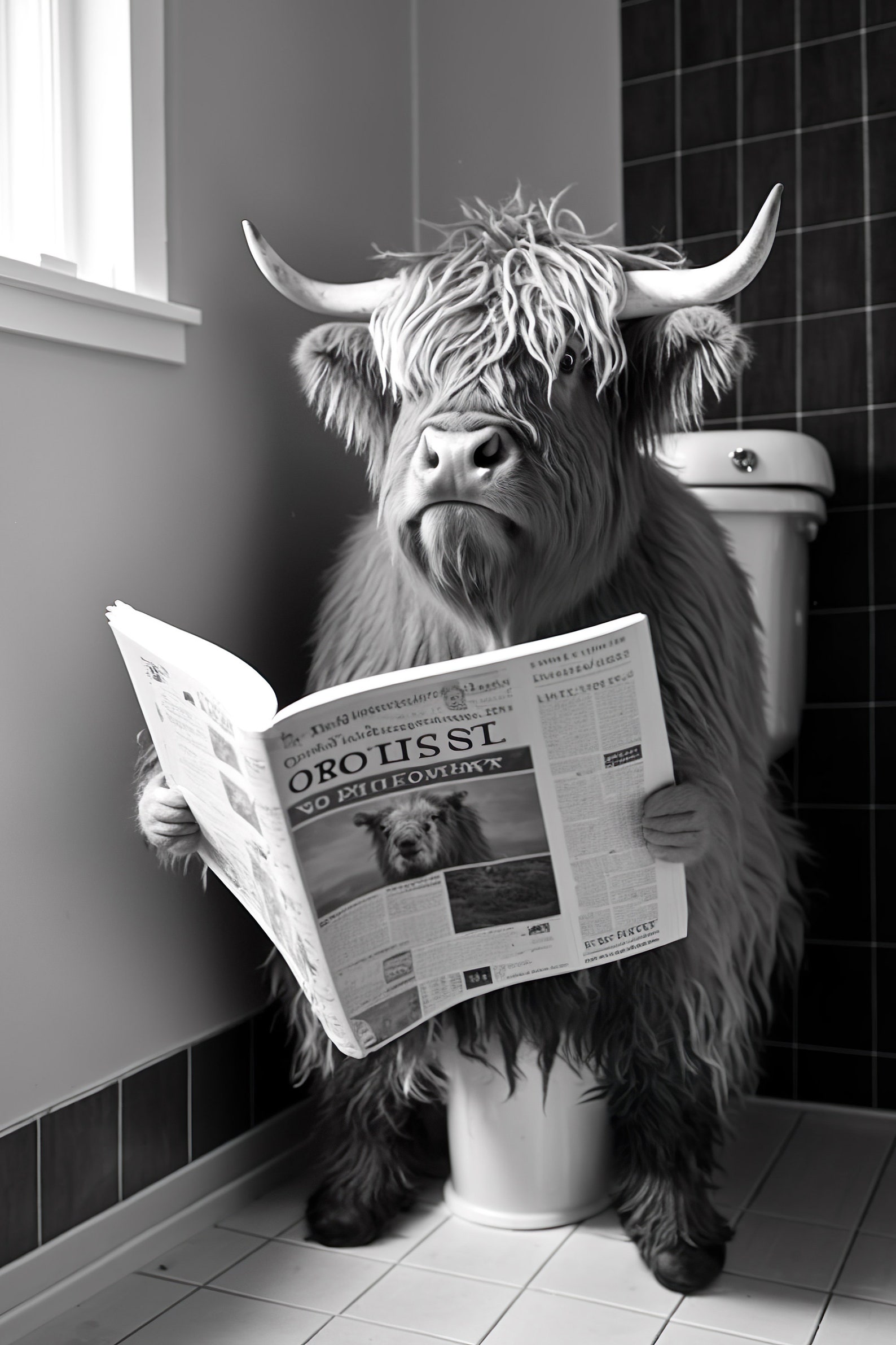 Highland Kuh sitzt auf der Toilette und liest eine Zeitung - Etsy Schweiz