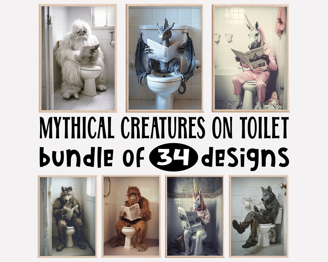 Mythical Creatures Sitting on the Toilet, Funny Bathroom Wall Art ...