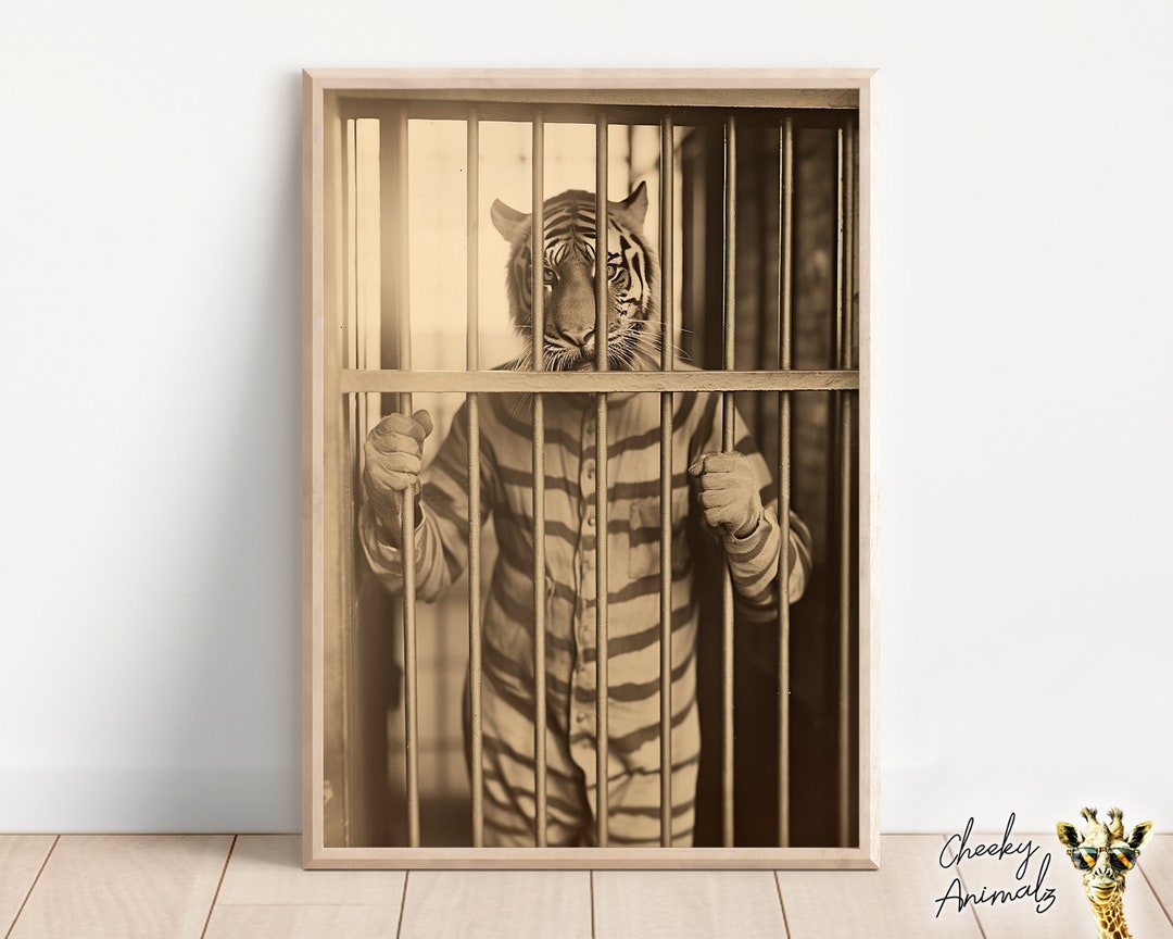 Tiger in Prison Wearing a Striped Suit, Funny Vintage Animal Print ...