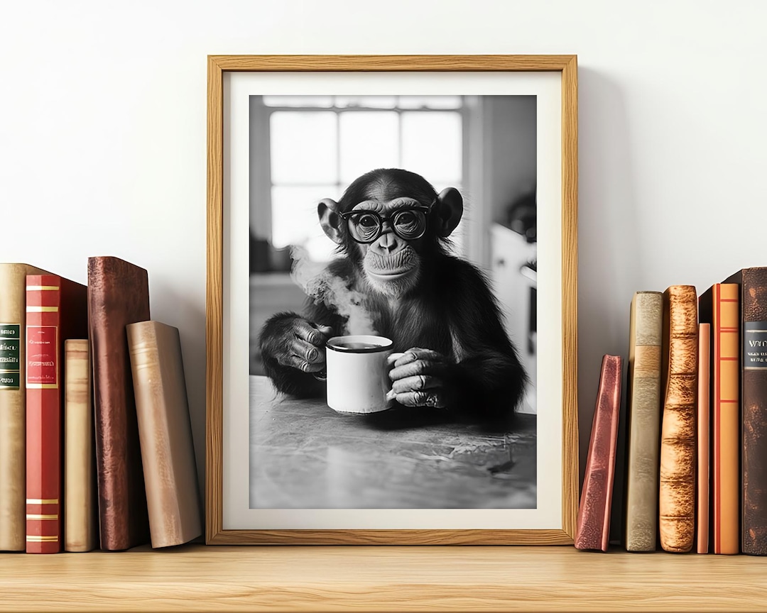 Monkey Drinking Coffee & Wearing Glasses, Funny Kitchen Wall Art ...