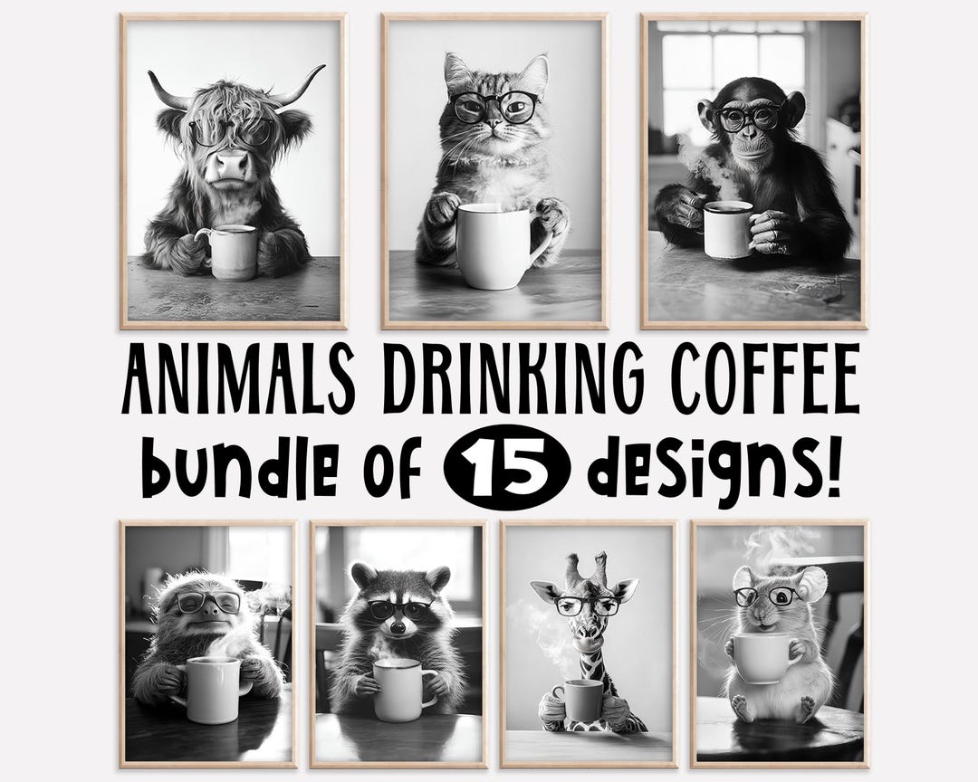 Animals Drinking Coffee, Funny Kitchen Wall Art Bundle, Animals Wearing ...