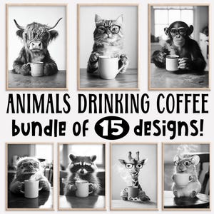 Funny Animals Drinking Coffee Print Set: Kitchen Wall Art (digital ...