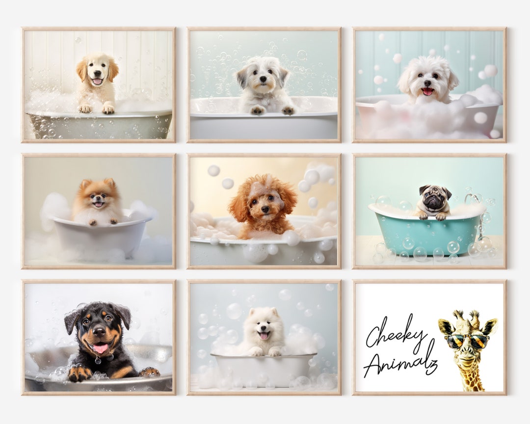 Dog Pups in Bathtub, Bundle of 8, Funny Bathroom Wall Art, Baby Dogs in ...
