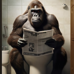 Gorilla Sitting on the Toilet Reading a Newspaper, Funny Bathroom Wall ...