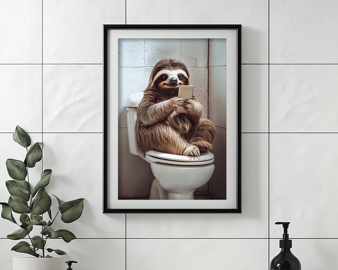 Sloth Sitting on the Toilet Watching Phone, Funny Bathroom Wall Art ...